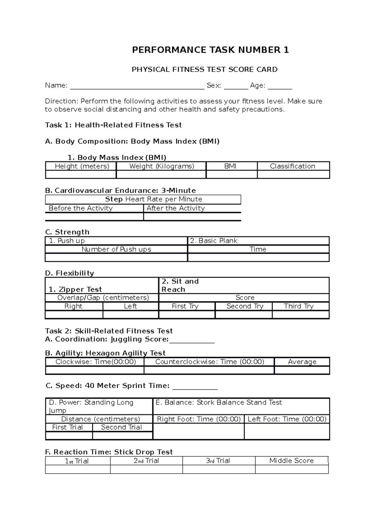 Performance TASK Number 1 - PERFORMANCE TASK NUMBER 1 PHYSICAL FITNESS ...