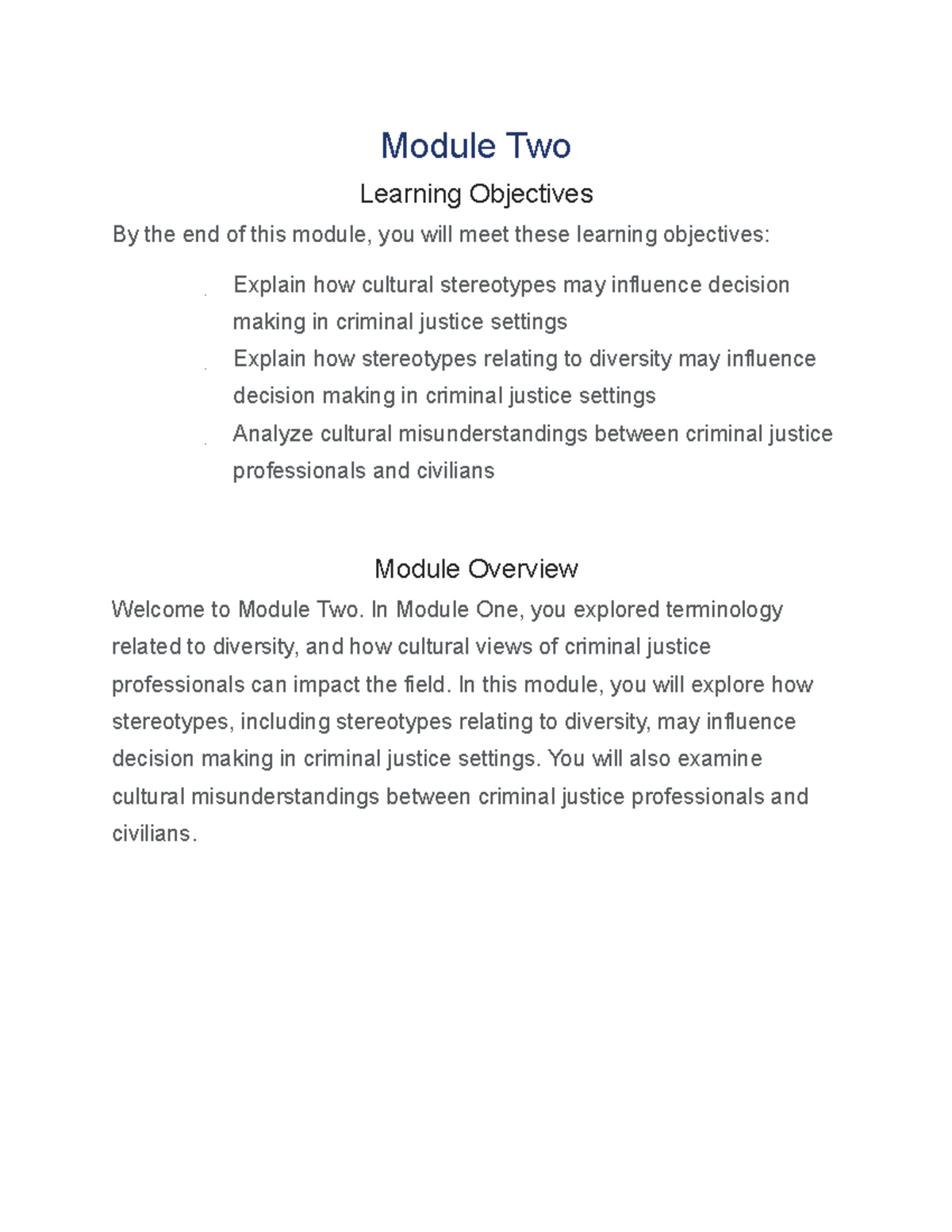 Module Two CJ-120 - Module Two Learning Objectives By the end of this ...