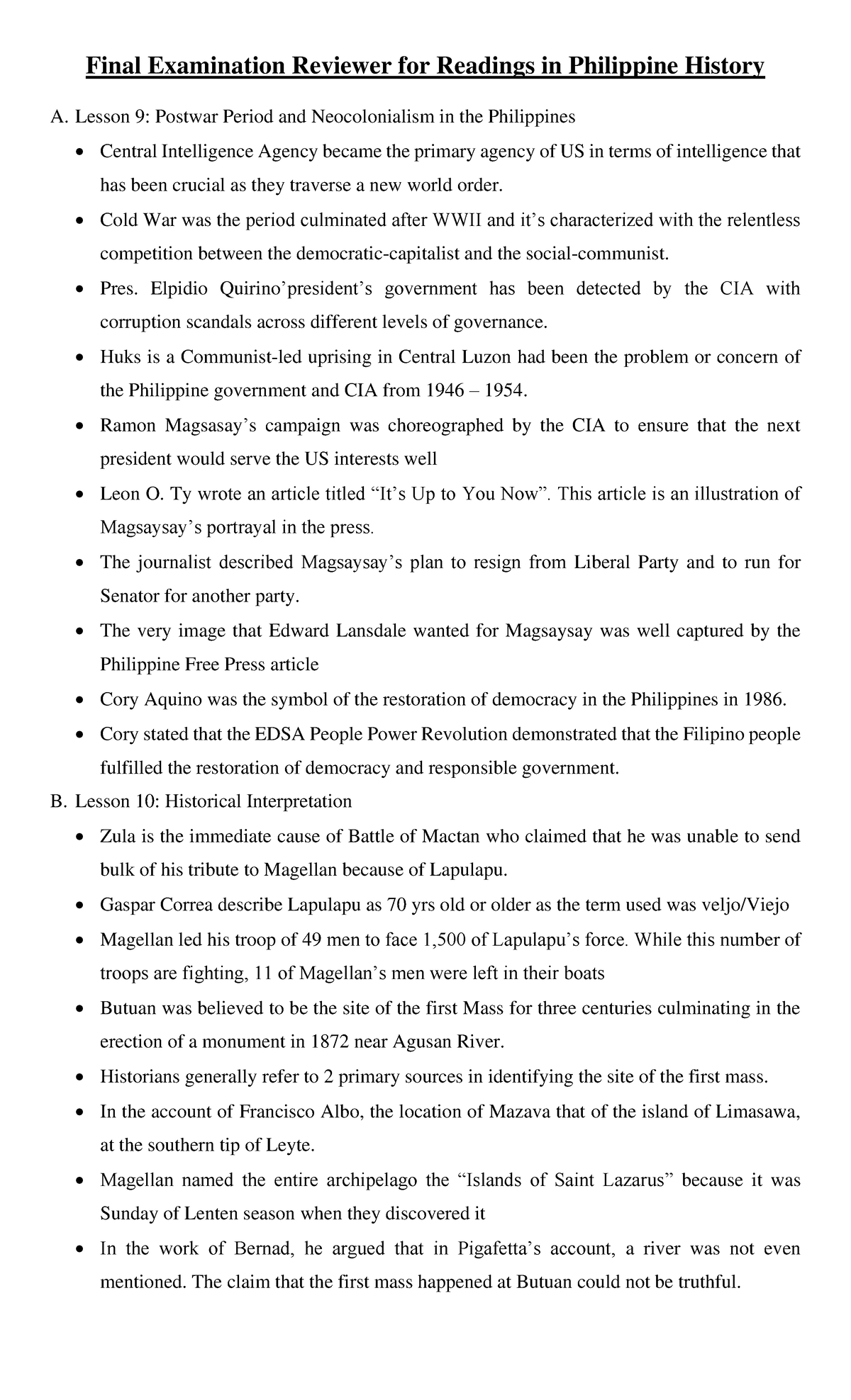 Final Examination Reviewer for Readings in Philippine History - Lesson ...