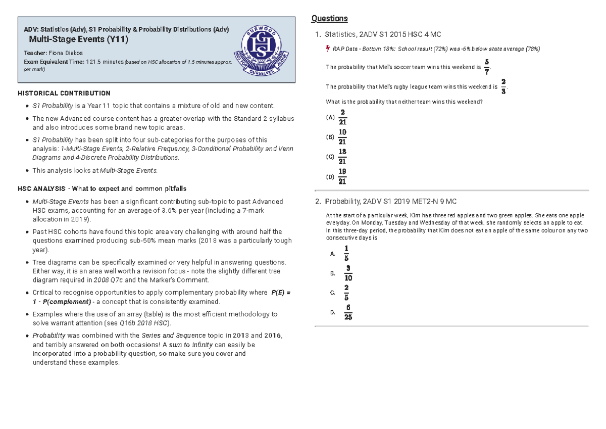 Multi-Stage Events (Y11) Past HSC Questions - ADV: Statistics (Adv), S1 ...