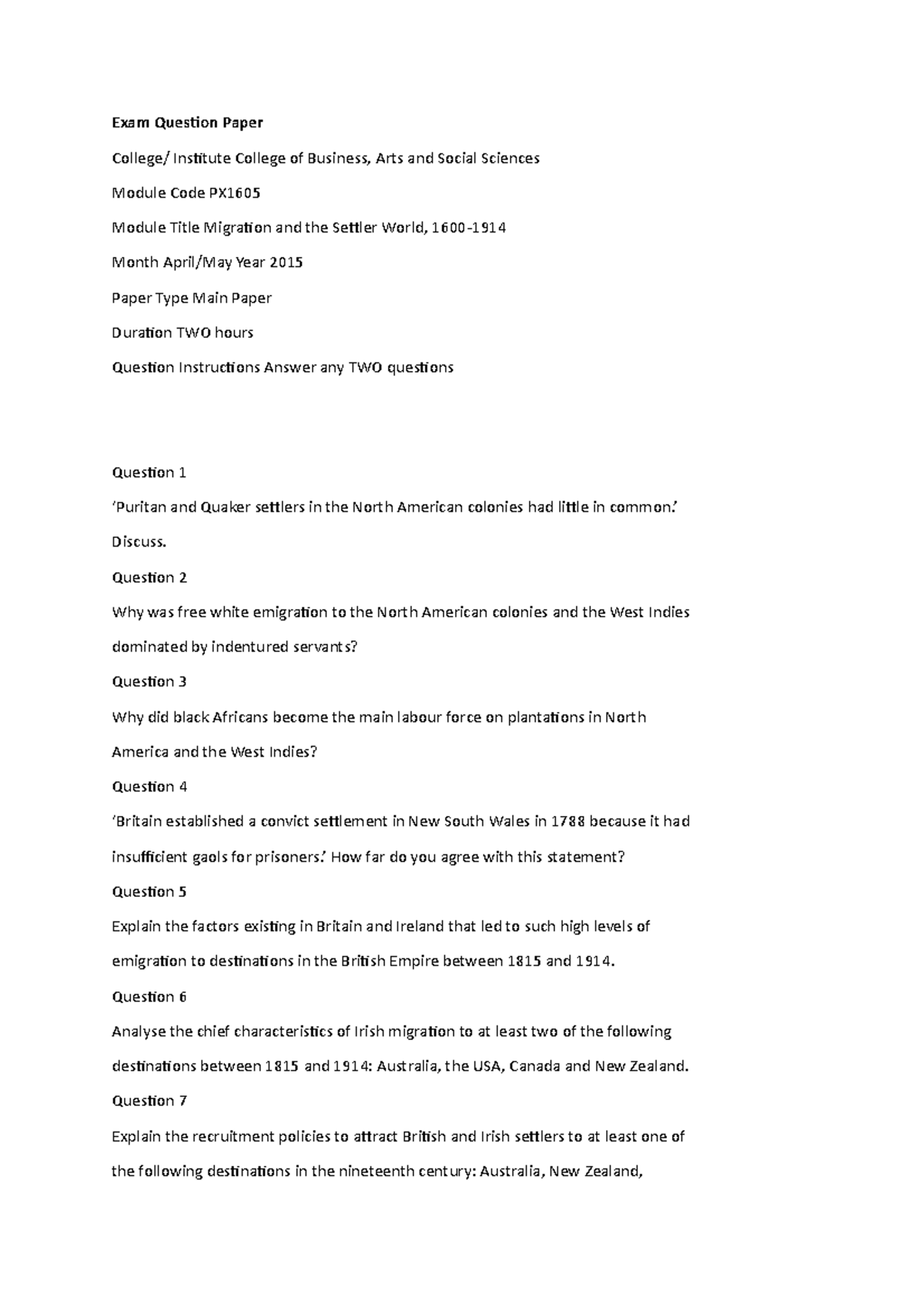 Exam 2015 Migration and the Settler World, 1600-1914 - Exam Question ...