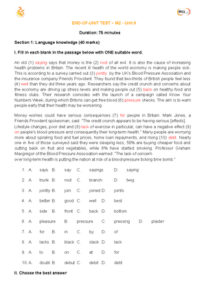 2.HP2.EOU TEST U7 Pre Inter - END OF UNIT TEST – M2 - Unit 7 DURATION ...