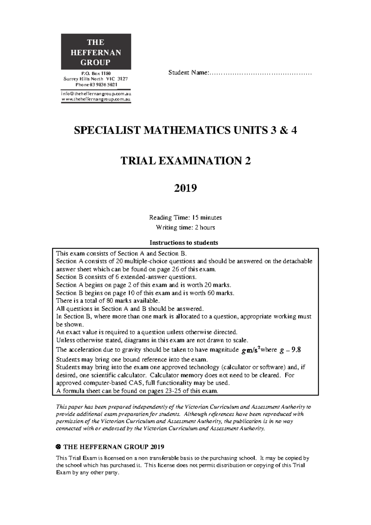 2019 Specialist Maths Units 3 4 Exam 2 - Student Name