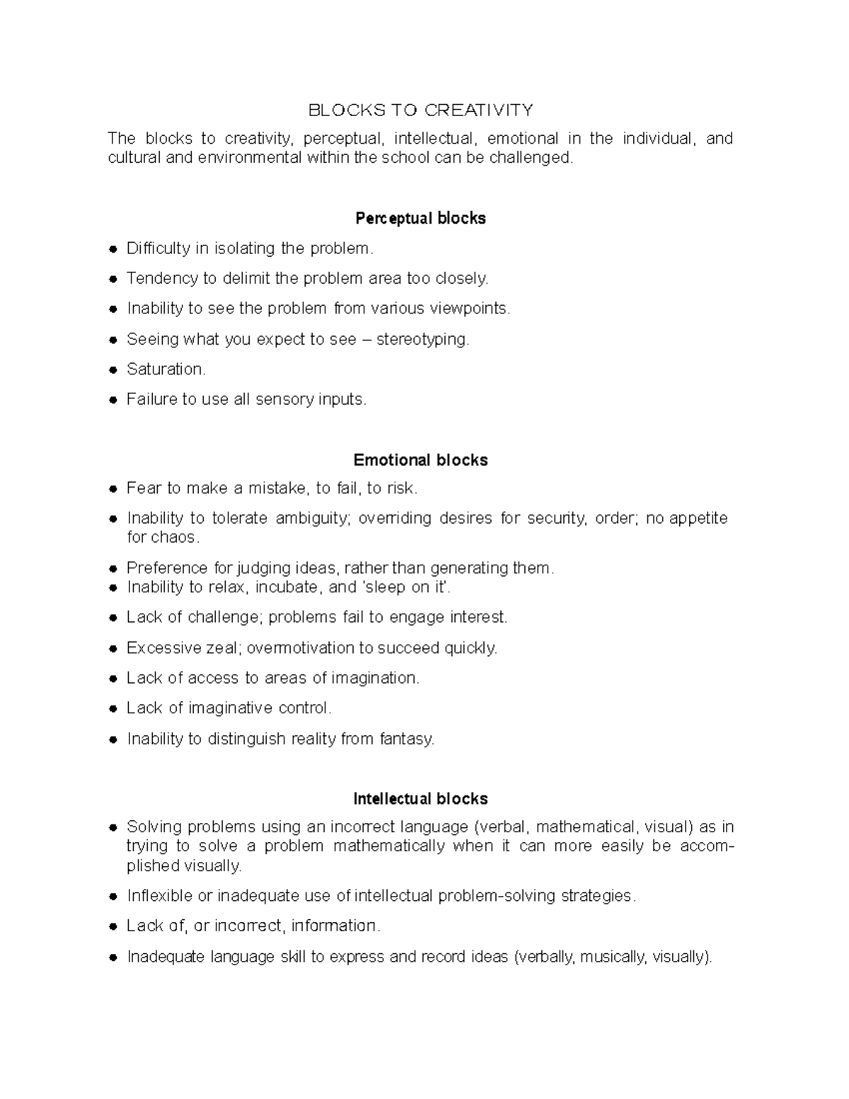 Blocks TO Creativity - BLOCKS TO CREATIVITY The blocks to creativity ...