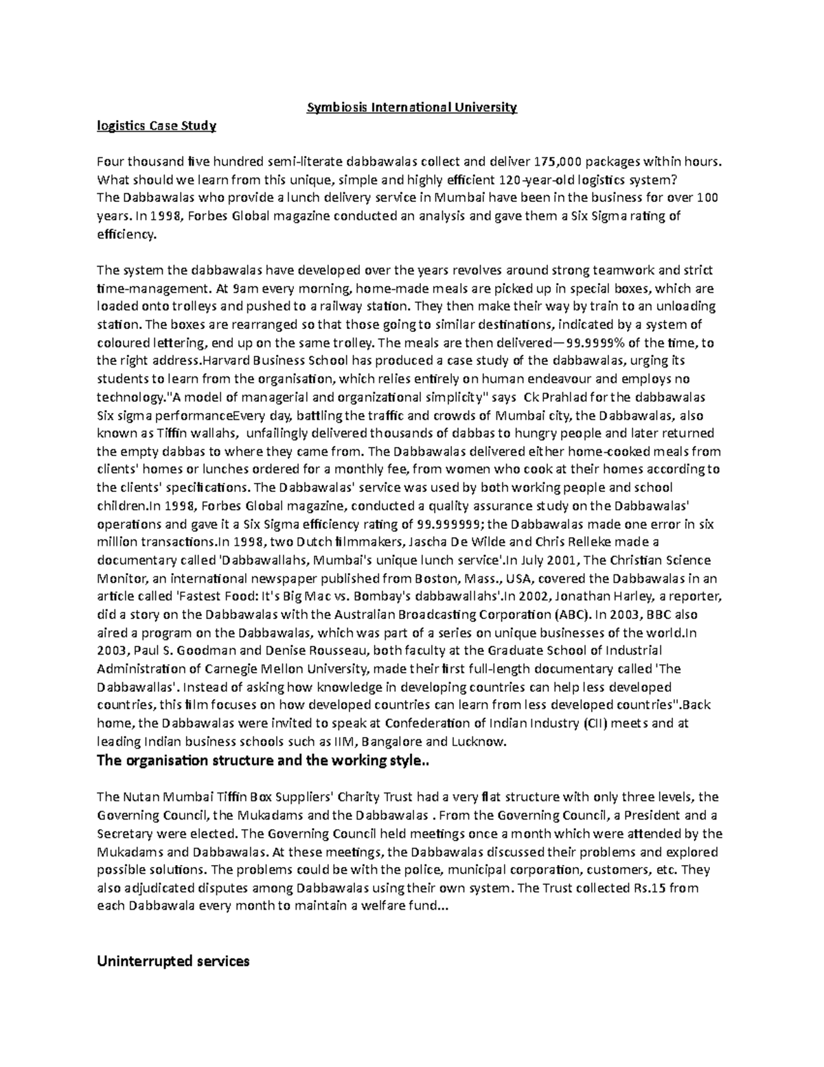 Case study logistics - Symbiosis International University logistics ...