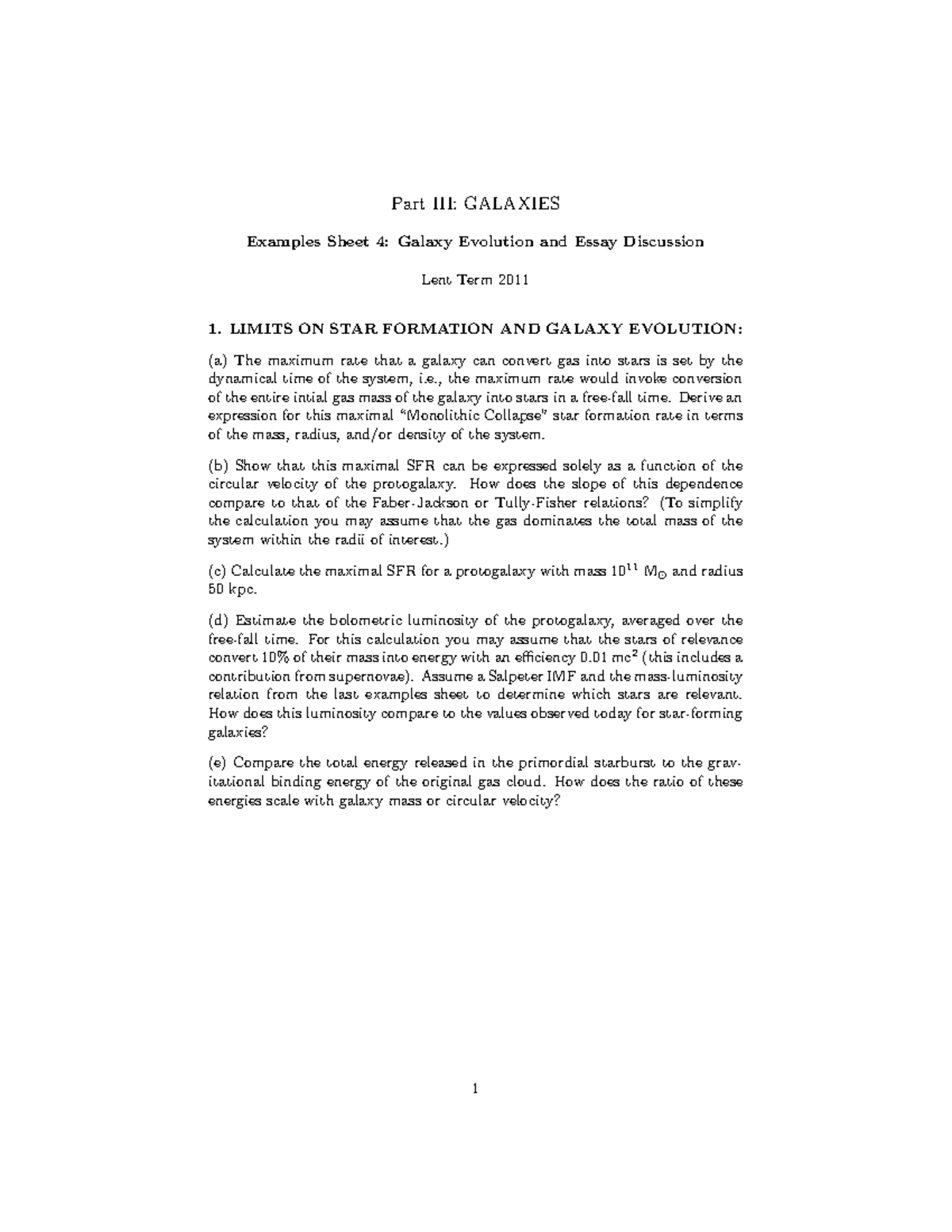 Seminar assignments - Examples 4 - Part III: GALAXIES Examples Sheet 4 ...