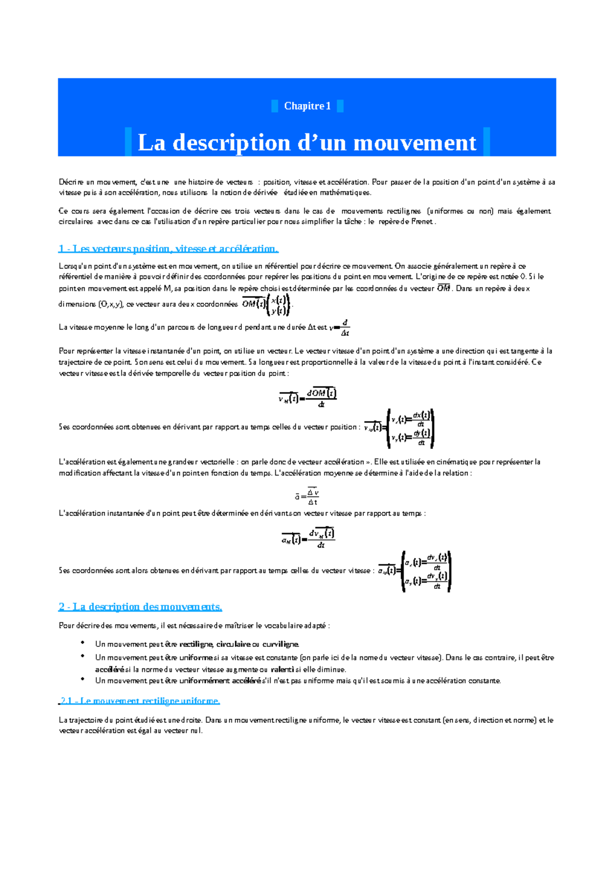 Physique 1 - courzs - Chapitre 1 La description d’un mouvement Décrire ...