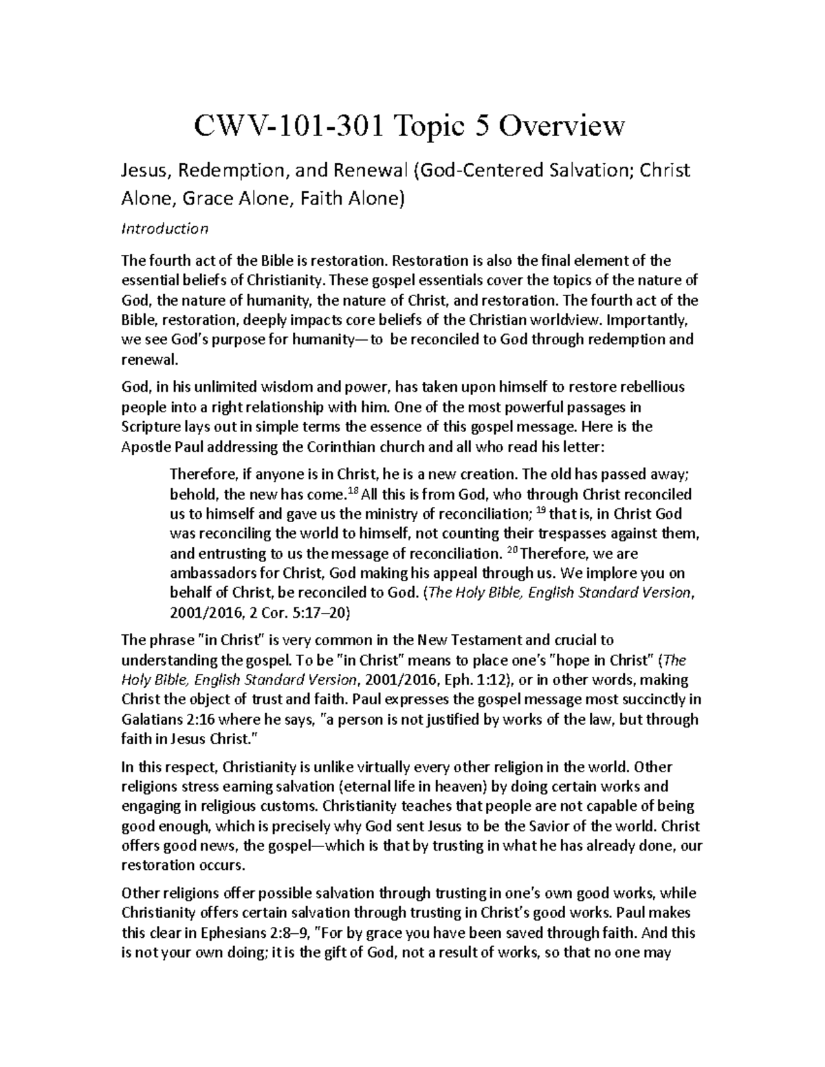 Topic 5 Overview - CWV-101-301 Topic 5 Overview Jesus, Redemption, and ...