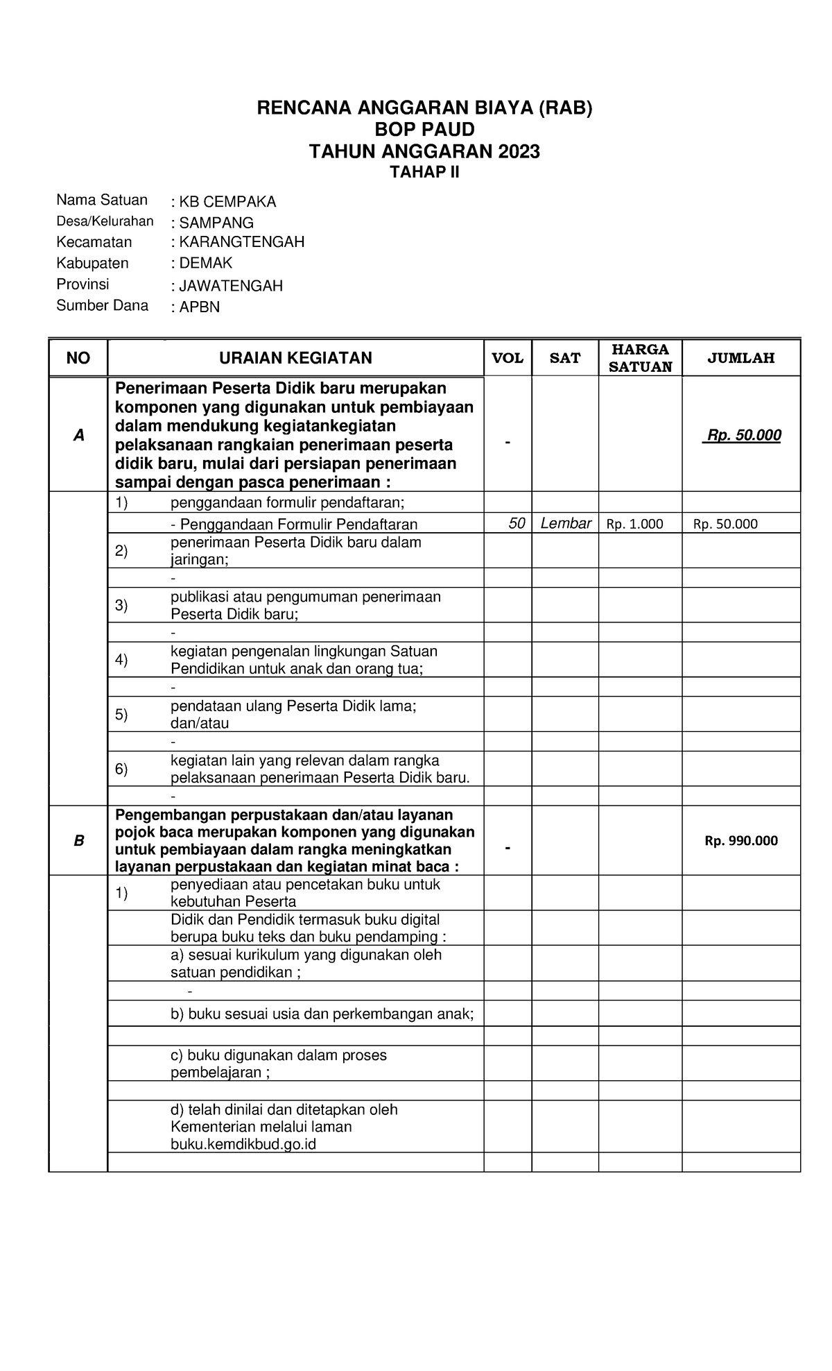 RAB tahap 2 2023 - RENCANA ANGGARAN BIAYA (RAB) BOP PAUD TAHUN ANGGARAN ...