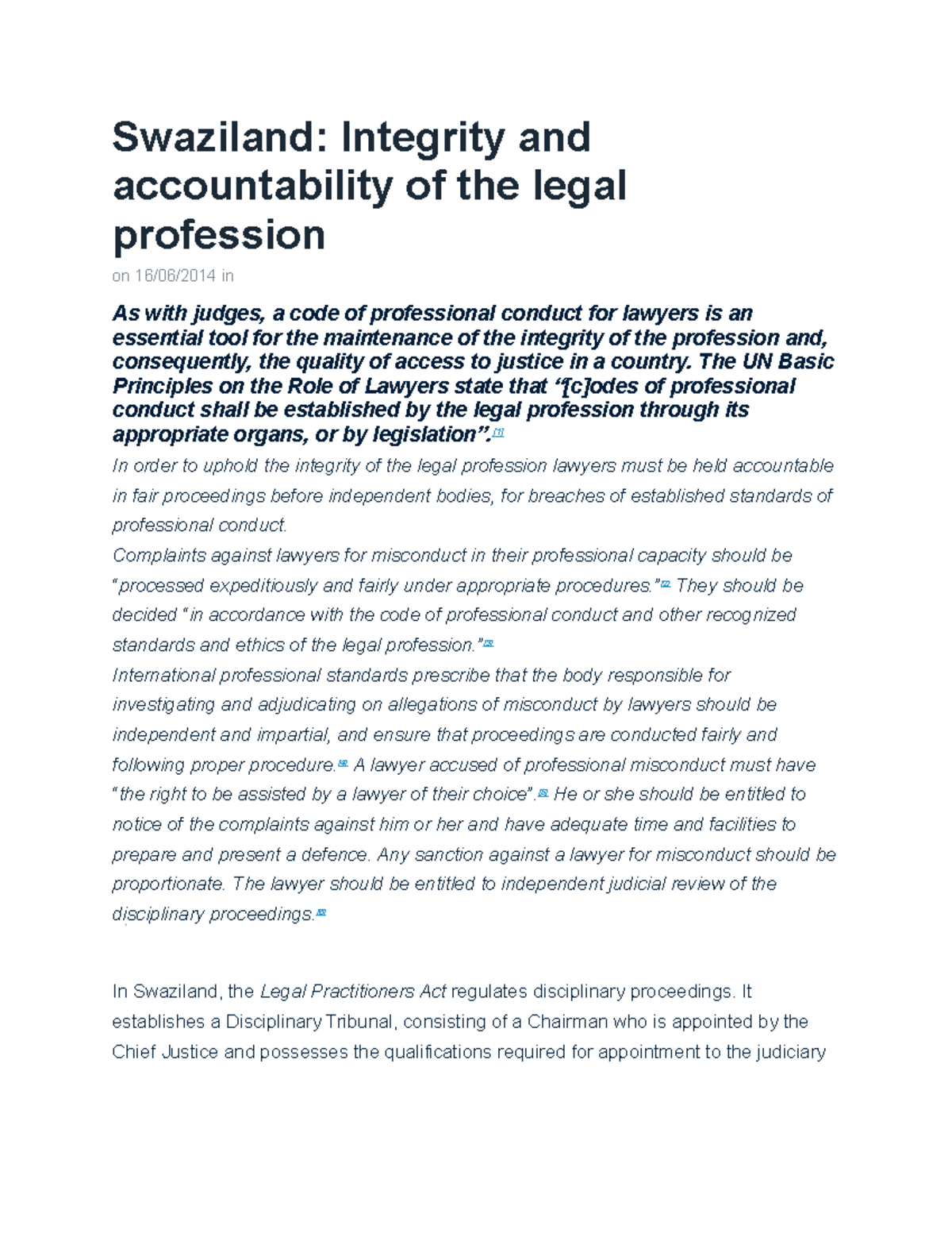 Swaziland code of ethics for lawyers - Swaziland: Integrity and accountability of the legal ...