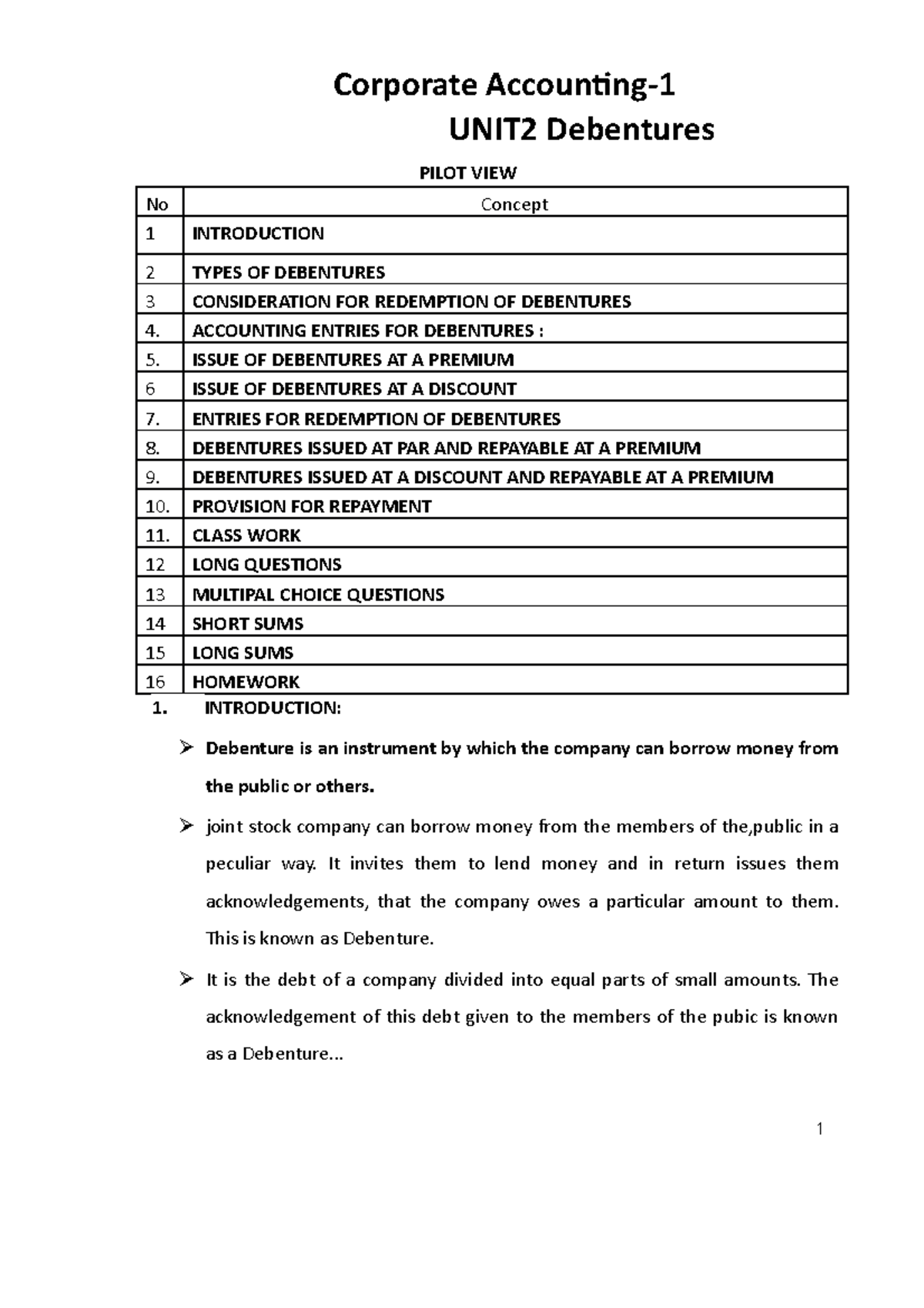 Sem1 CA1 Unit2 Debentures - Corporate Accounting- UNIT2 Debentures PILOT VIEW No Concept 1 - Studocu