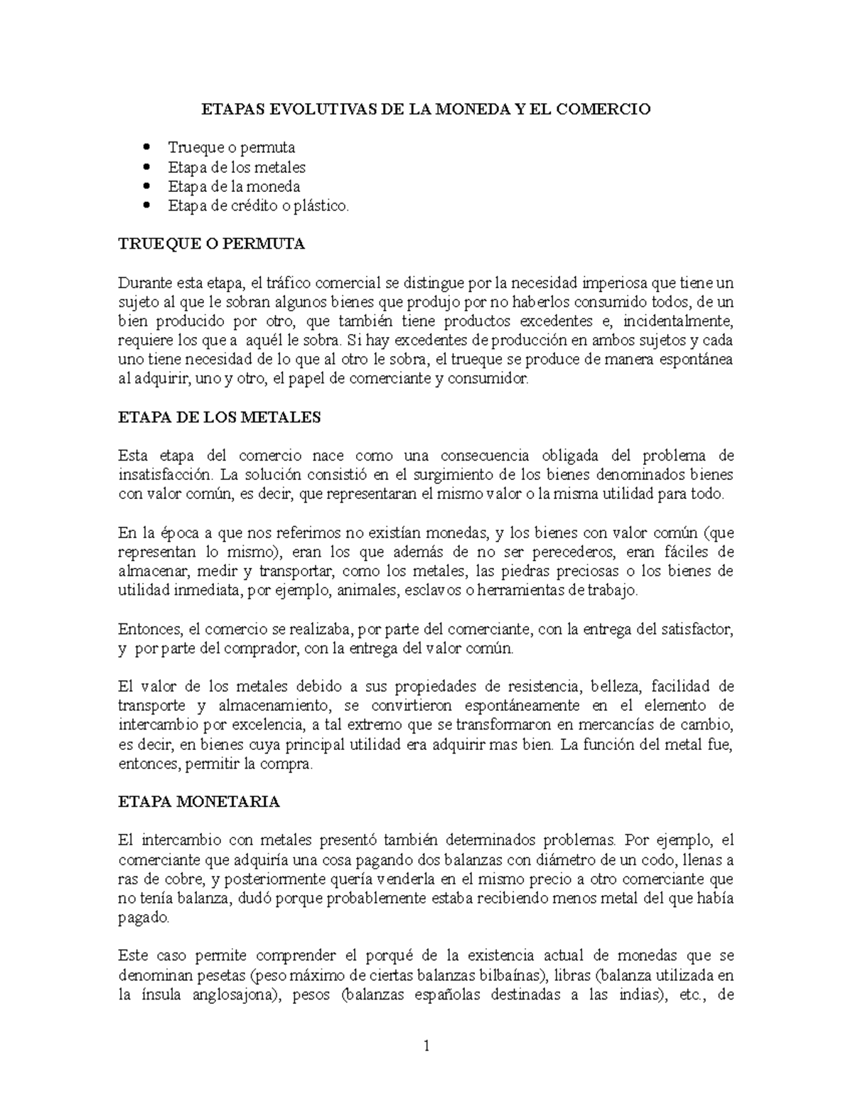 Etapas evolutivas del comercio 1 - ETAPAS EVOLUTIVAS DE LA MONEDA Y EL ...