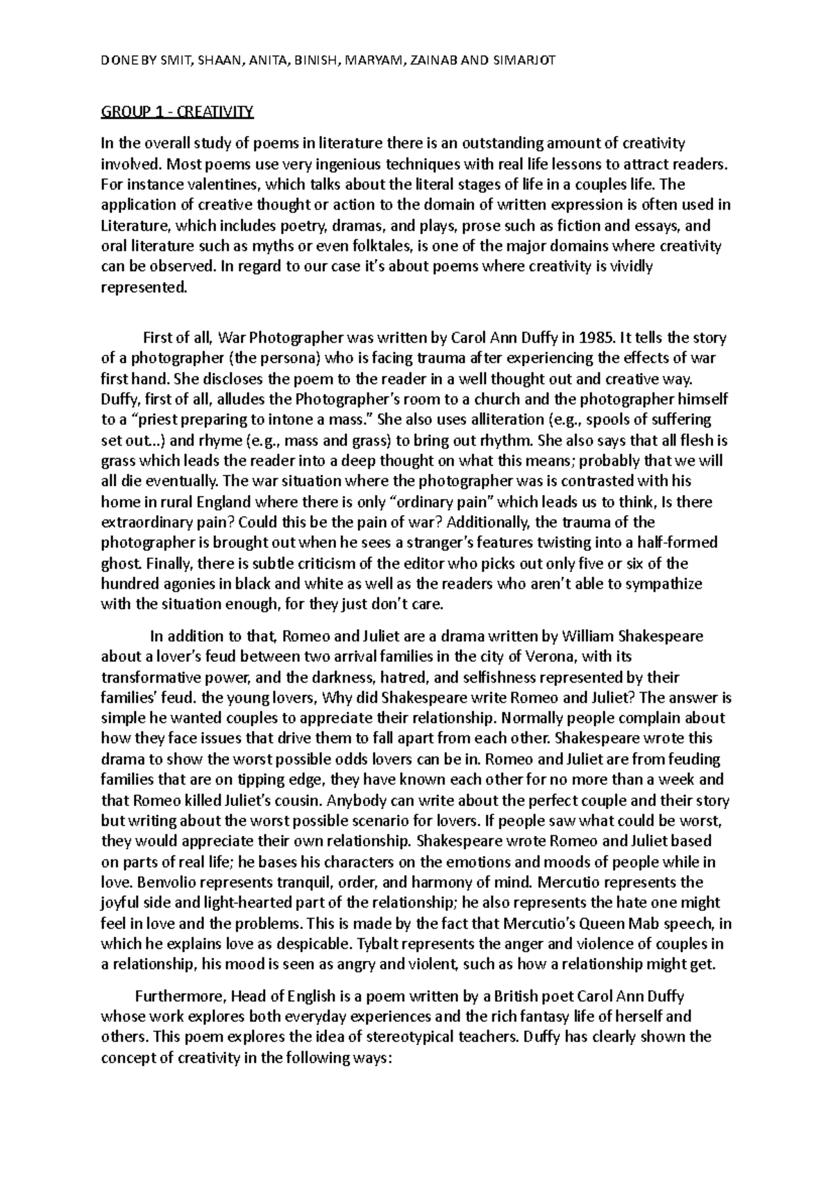 Creativity Group WORK Essay - DONE BY SMIT, SHAAN, ANITA, BINISH ...