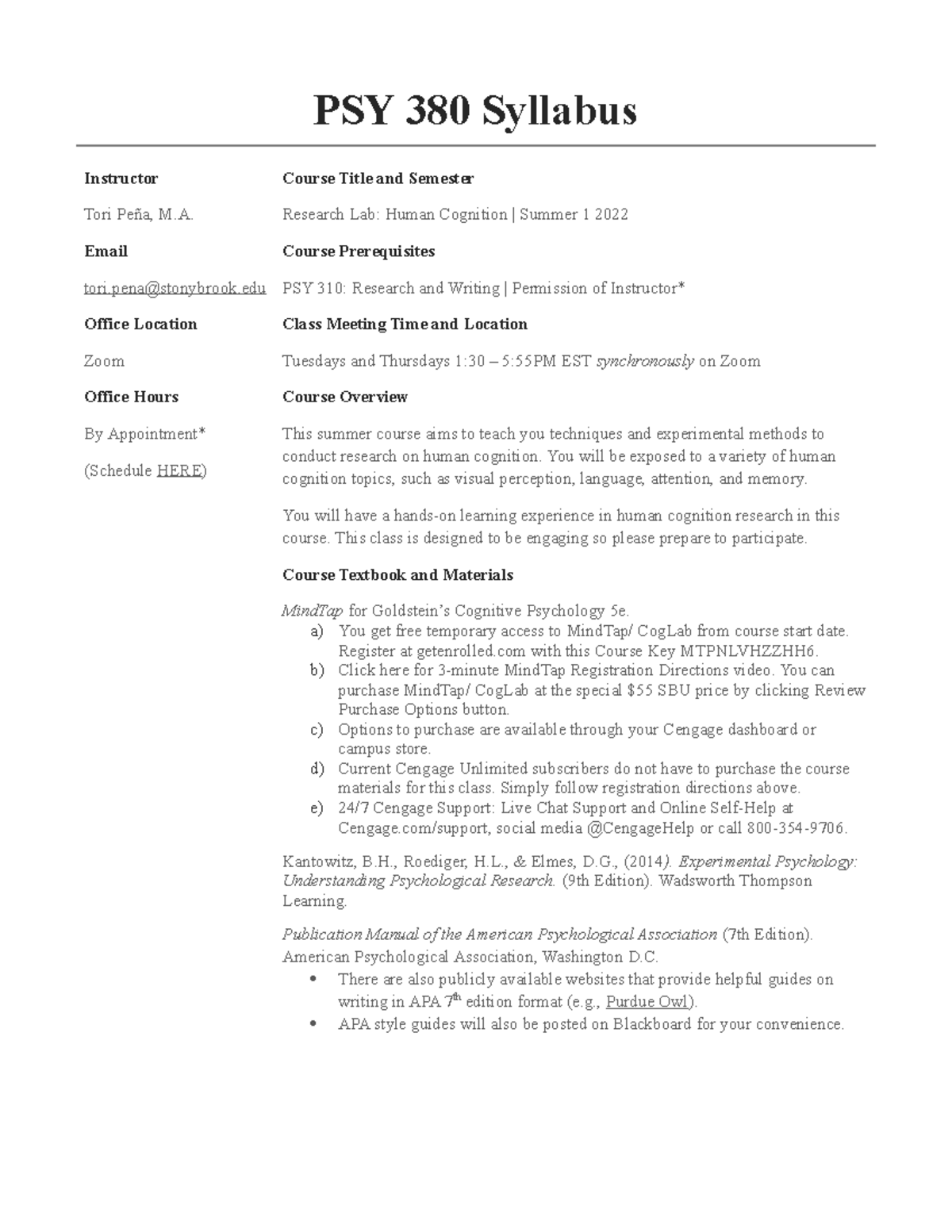 PSY 380 Syllabus - PSY 380 Syllabus Instructor Tori Peña, M. Email tori@stonybrook Office ...