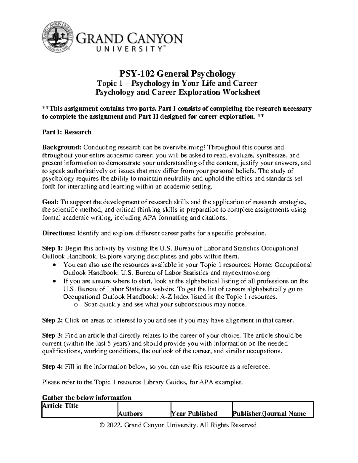 PSY 102 T1 RS Psychologyand Career Exploration Worksheet - PSY-102 ...