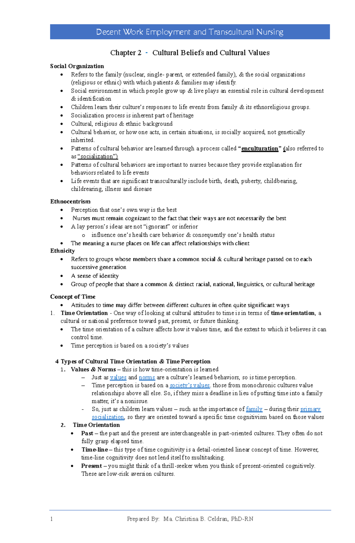 Lecture-chapter-2 - Good luck - 1 Prepared By: Ma. Christina B. Celdran, PhD-RN Decent Work ...