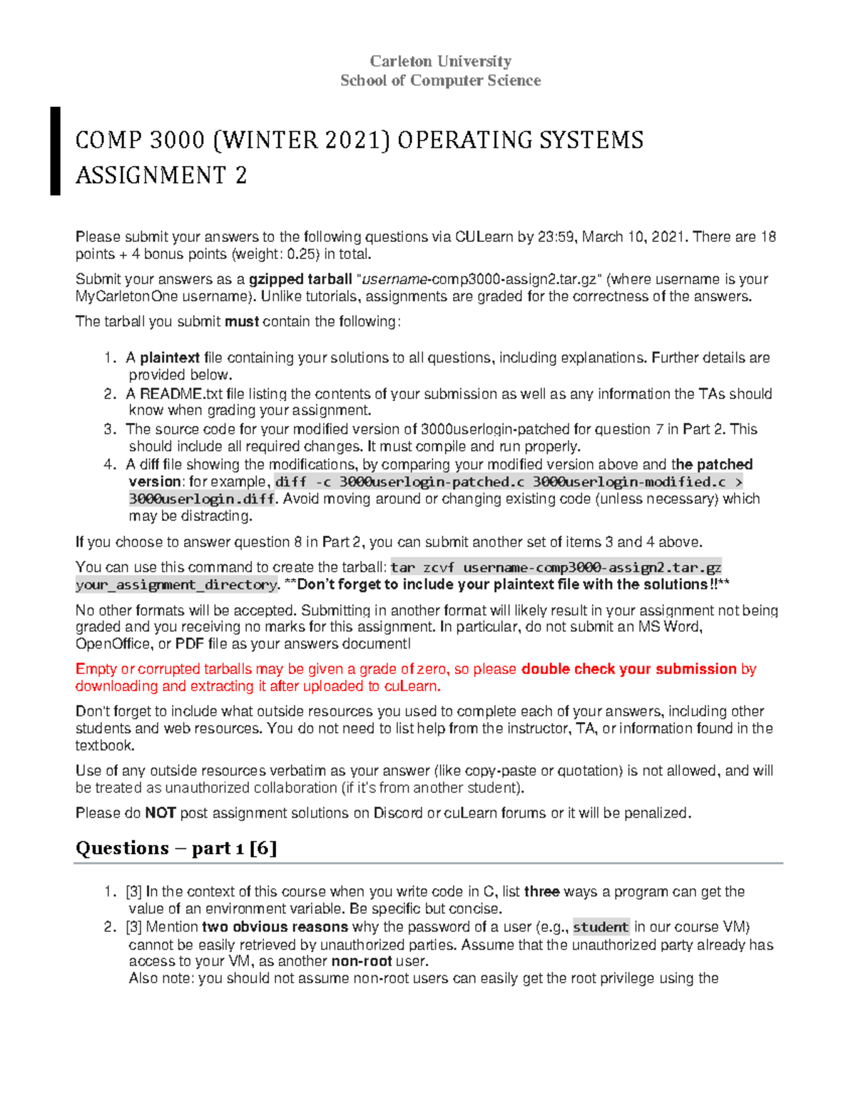 Assignment 2 - Carleton University School of Computer Science COMP 3000 ...