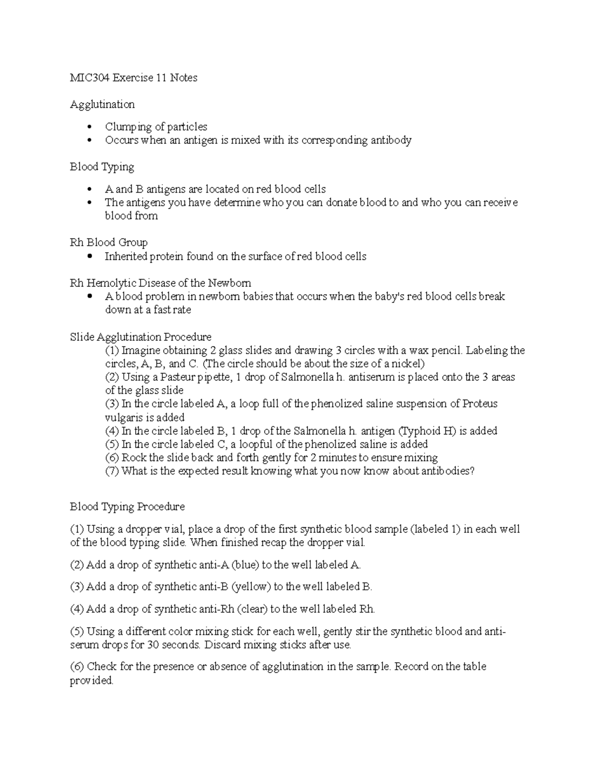 MIC304 Exercise 11 Notes - MIC304 Exercise 11 Notes Agglutination ...