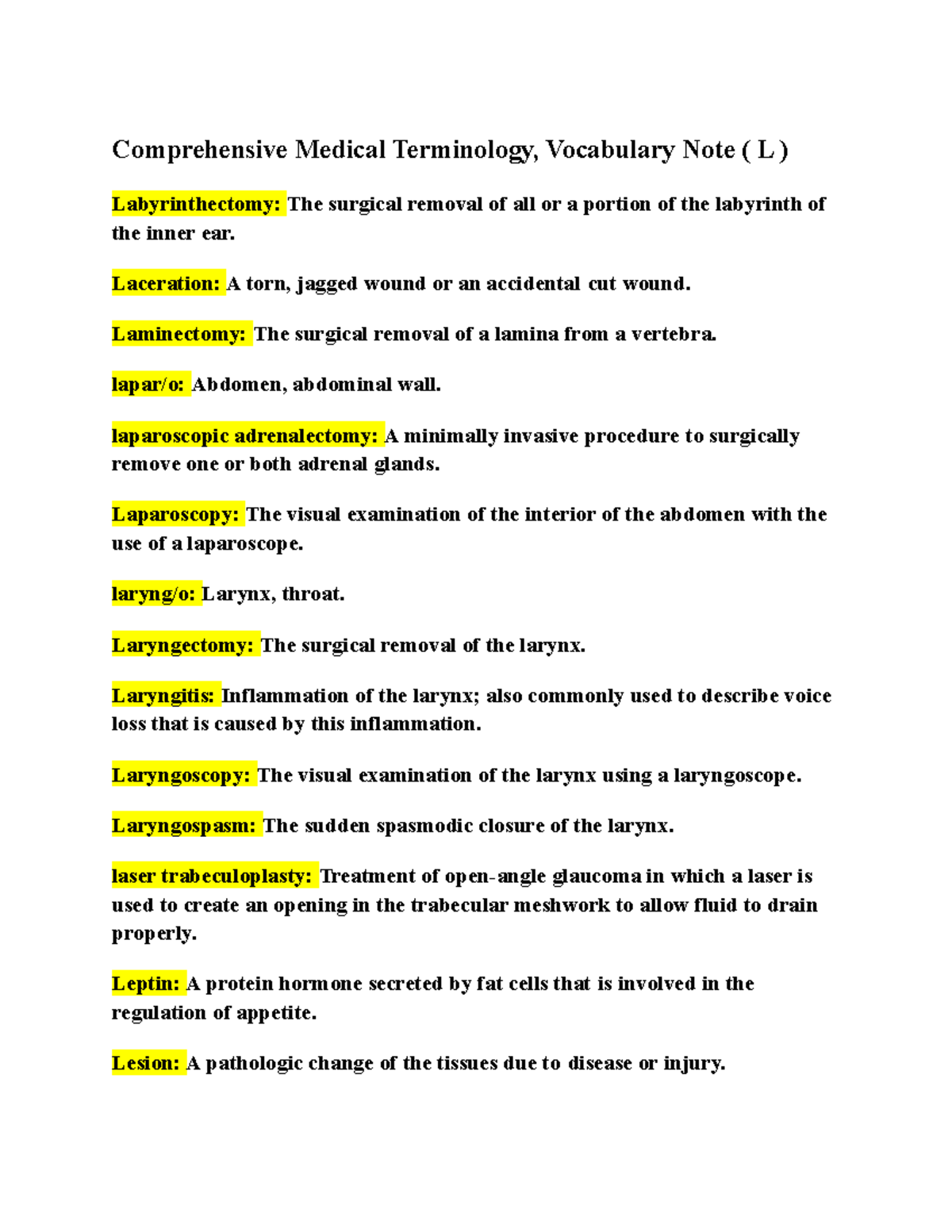 Vocabulary Note ( L ) - Comprehensive Medical Terminology, Vocabulary ...