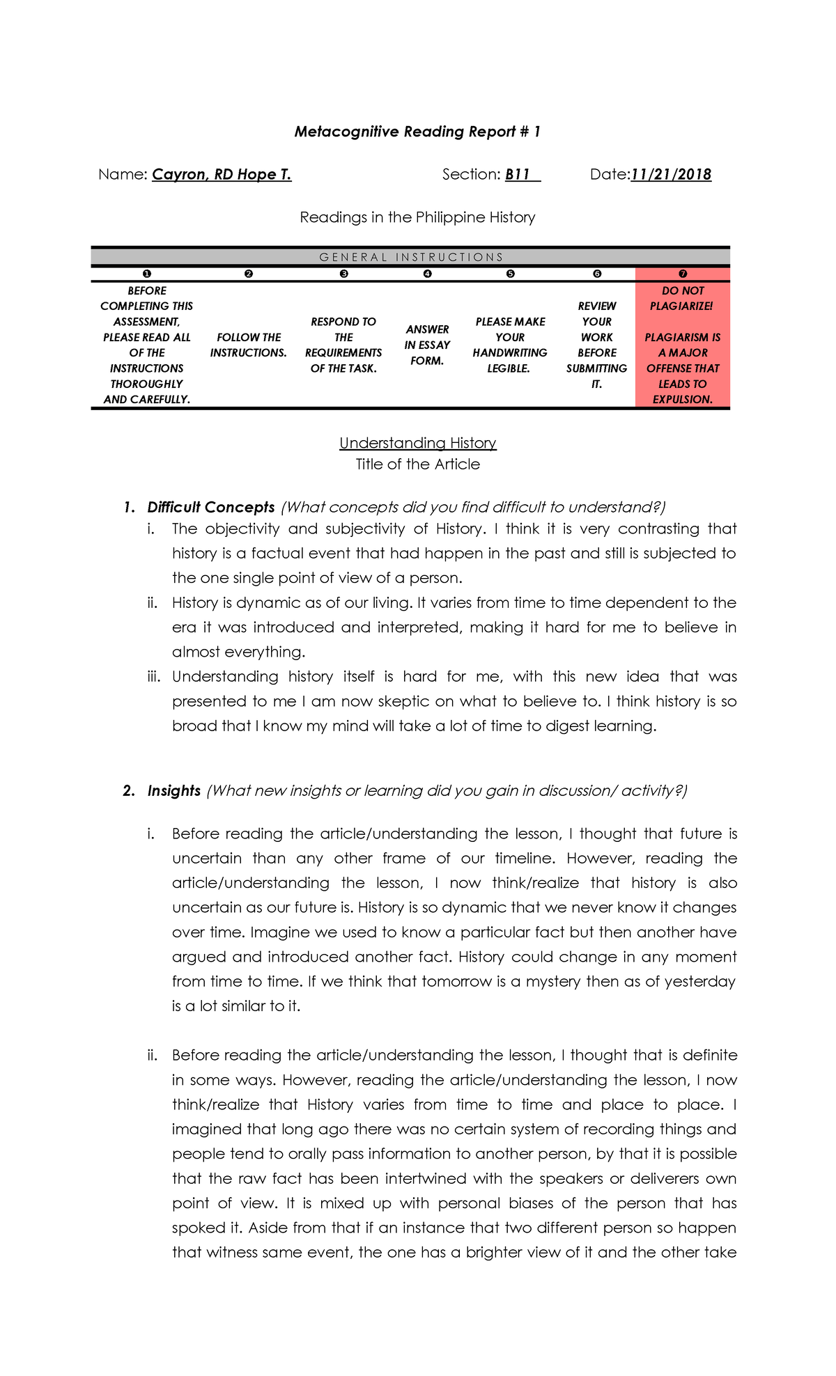 Cayron, RD Hope -MRR - Grade: B - Metacognitive Reading Report # 1 Name ...