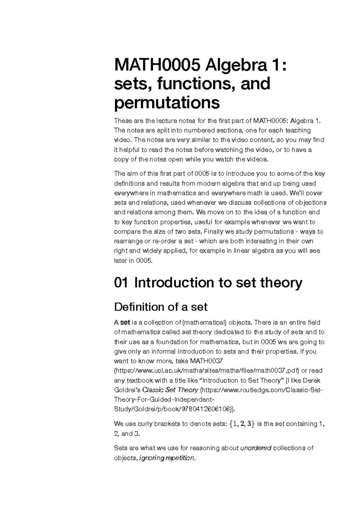 Algebra 1 notes - MATH0005 Algebra 1: sets, functions, and permutations ...
