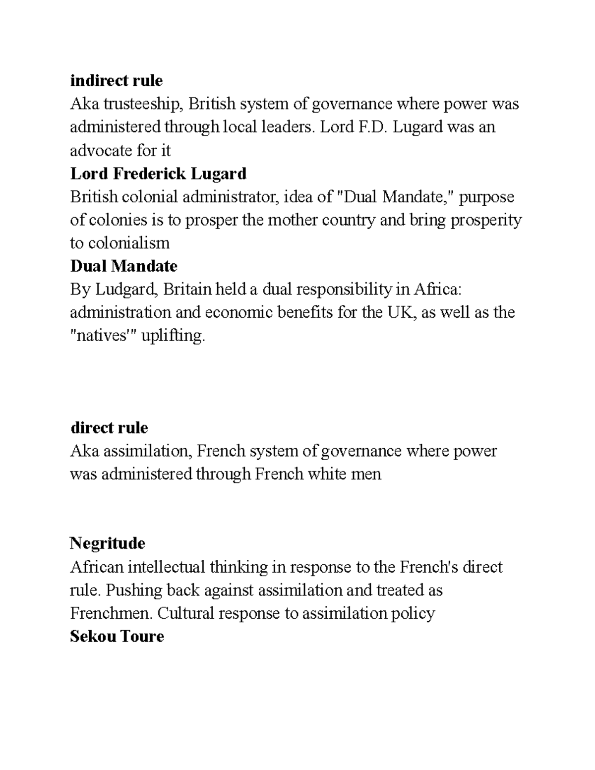 1800 midterm - indirect rule Aka trusteeship, British system of ...