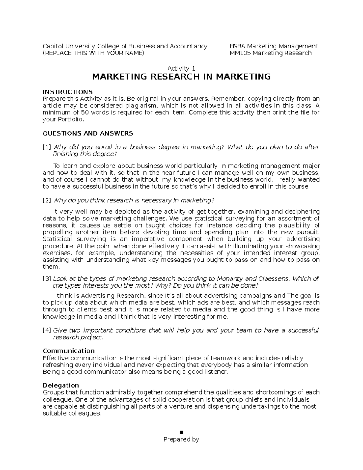 Marketing Research IN Marketing - Capitol University College of ...