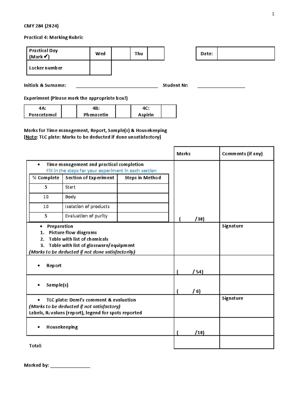 Prac 4 Report Sheet 2024 - CMY 284 (20 24 ) Practical 4 : Marking ...
