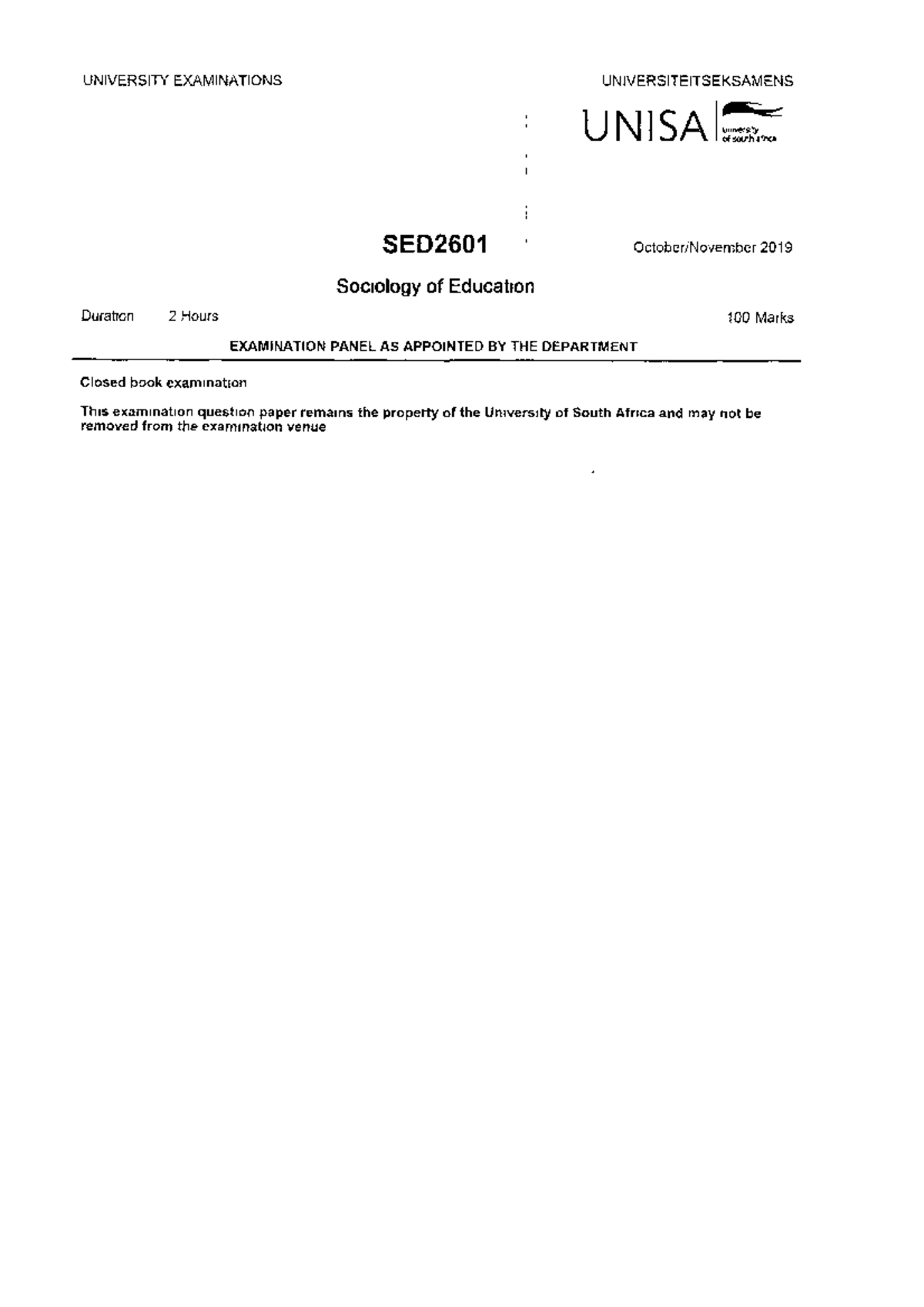 SED2601 2019 exam paper for 2021 examination - SED2601 - Studocu