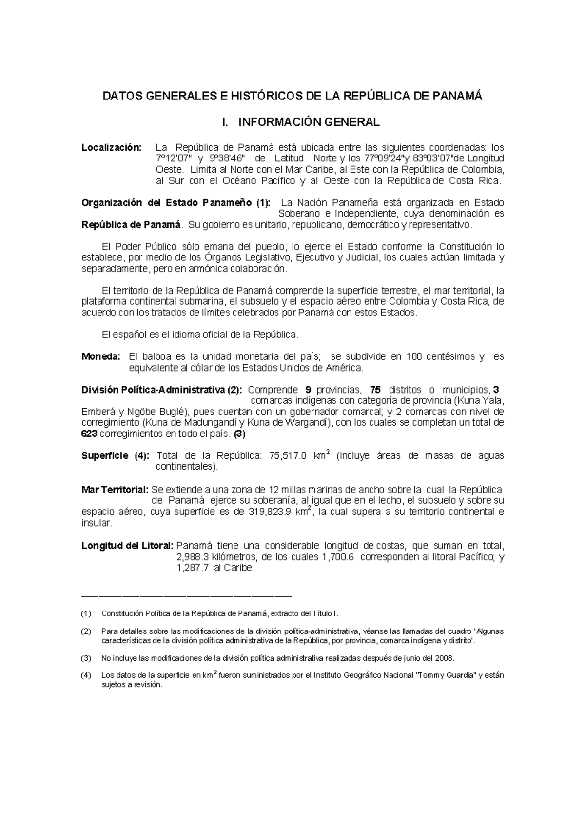 DATOS GENERALES DE LA REPÚBLICA DE PANAMÁ - DATOS GENERALES E ...