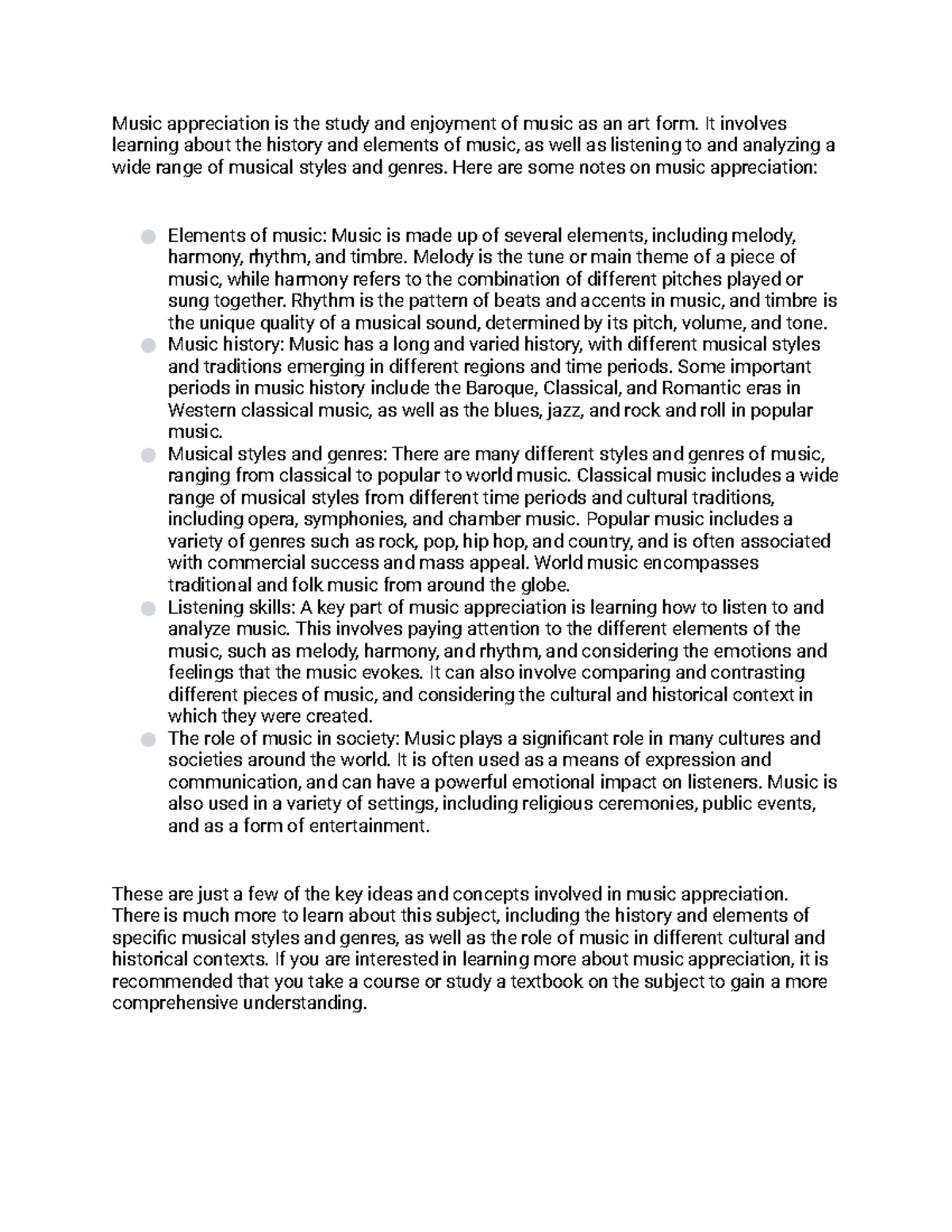 MUSI notes - Music appreciation is the study and enjoyment of music as ...