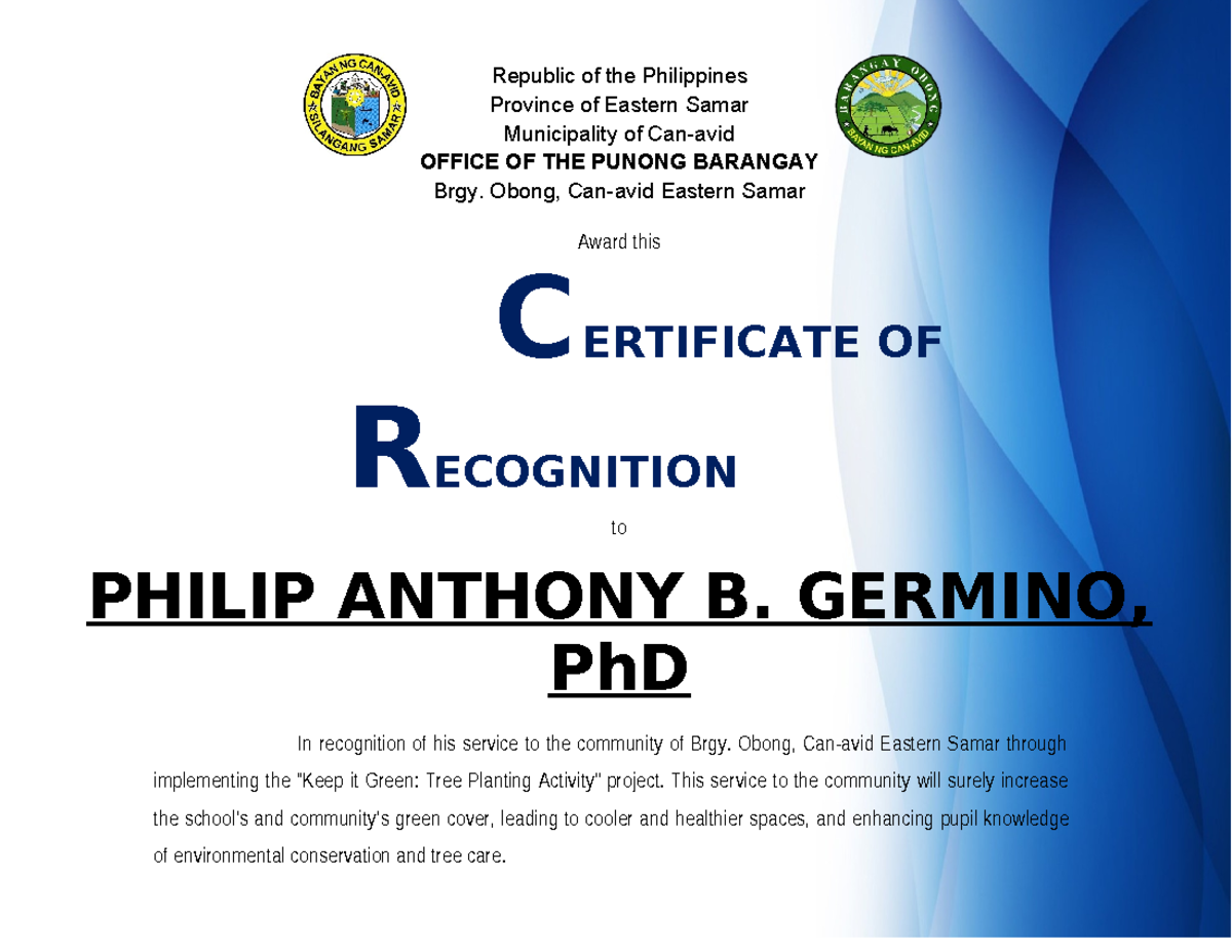 CCES Certificate OF Recognition 1 - Republic of the Philippines ...