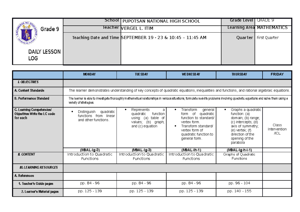 MATH 9 lesson plan week 9 - Grade 9 DAILY LESSON LOG School PUPOTSAN ...