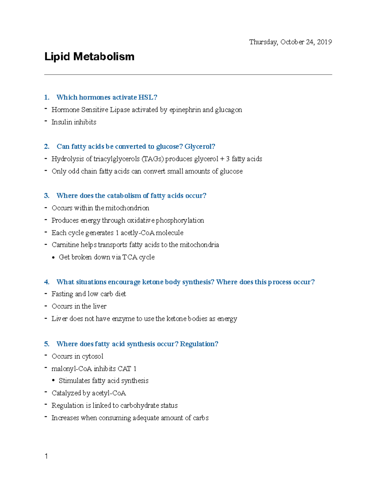 Lipid Metabolism Notes - Thursday, October 24, 2019 Lipid Metabolism 1 ...