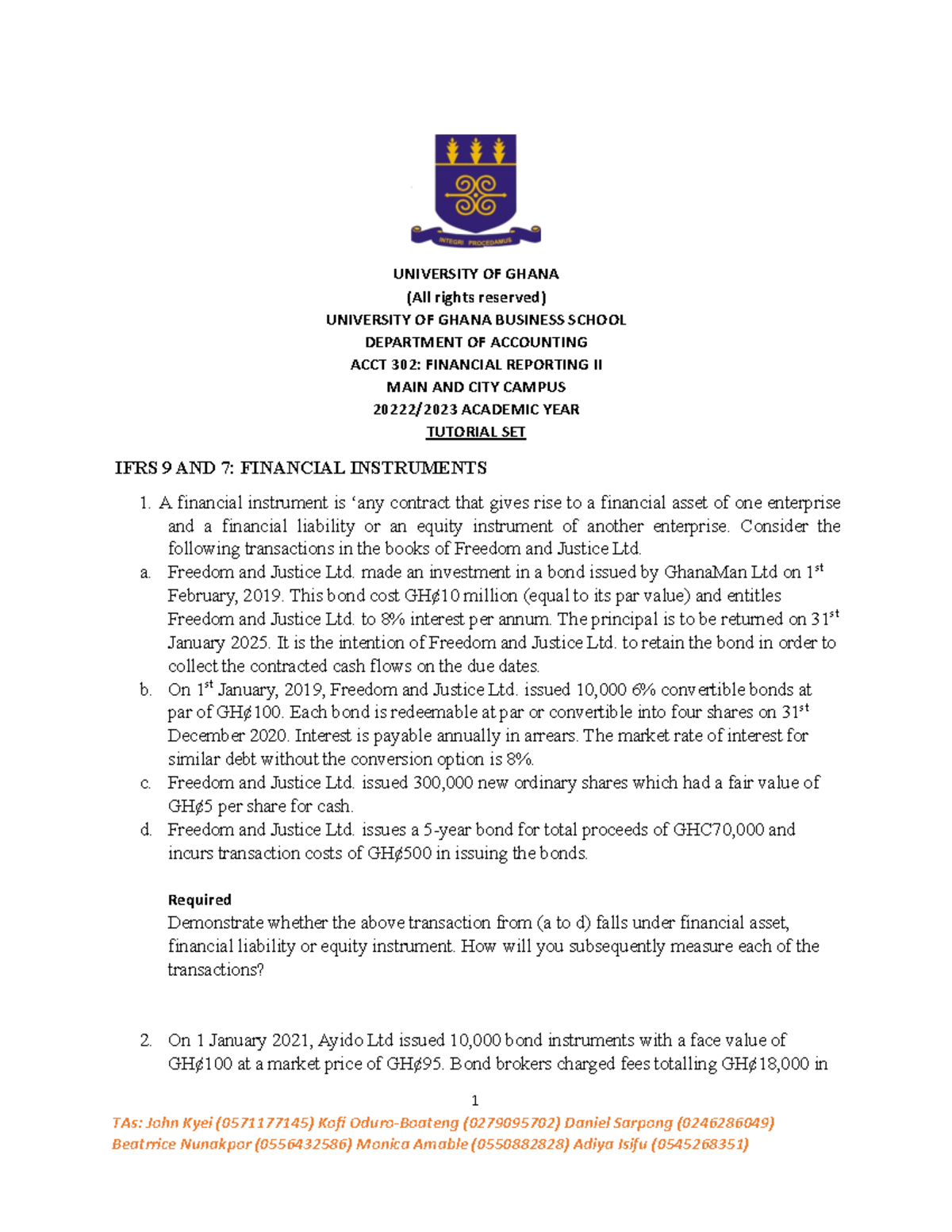 ACCT 302 TS - Fin Inst - Tutorial sets on Financial Instruments - 1 TAs ...
