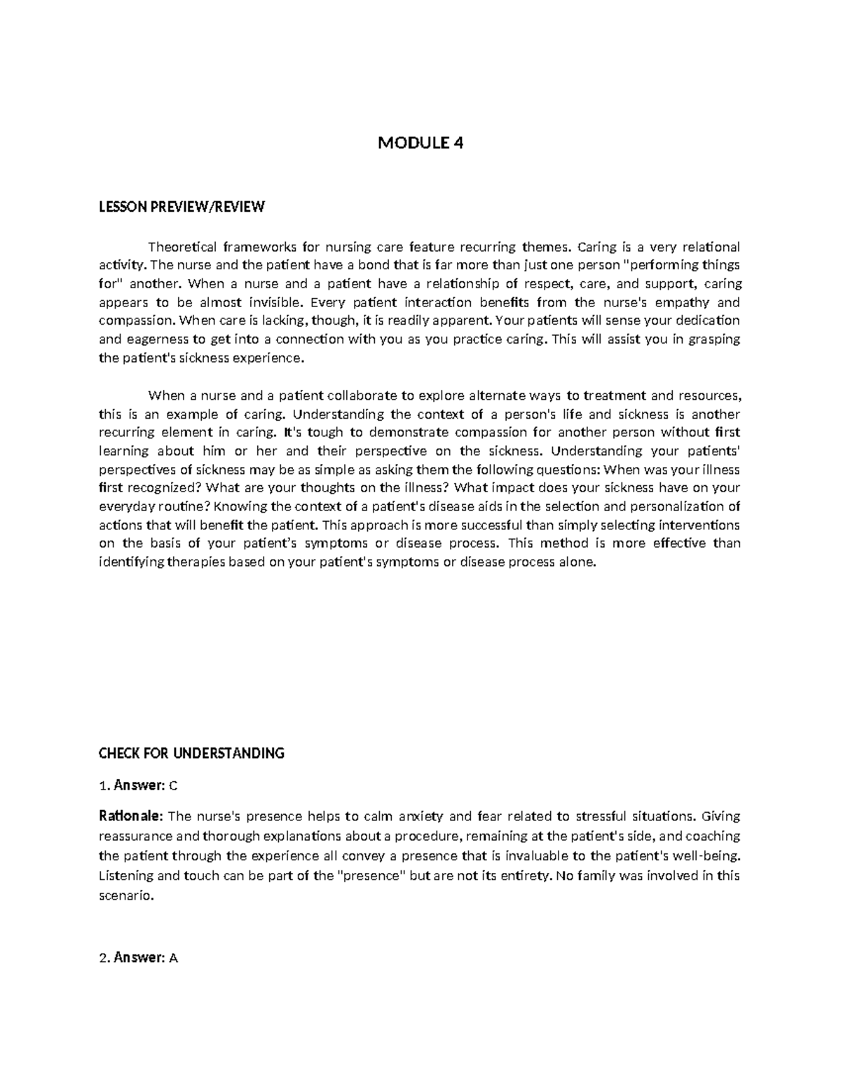 Module - 4 - NUR 091 - MODULE 4 LESSON PREVIEW/REVIEW Theoretical ...