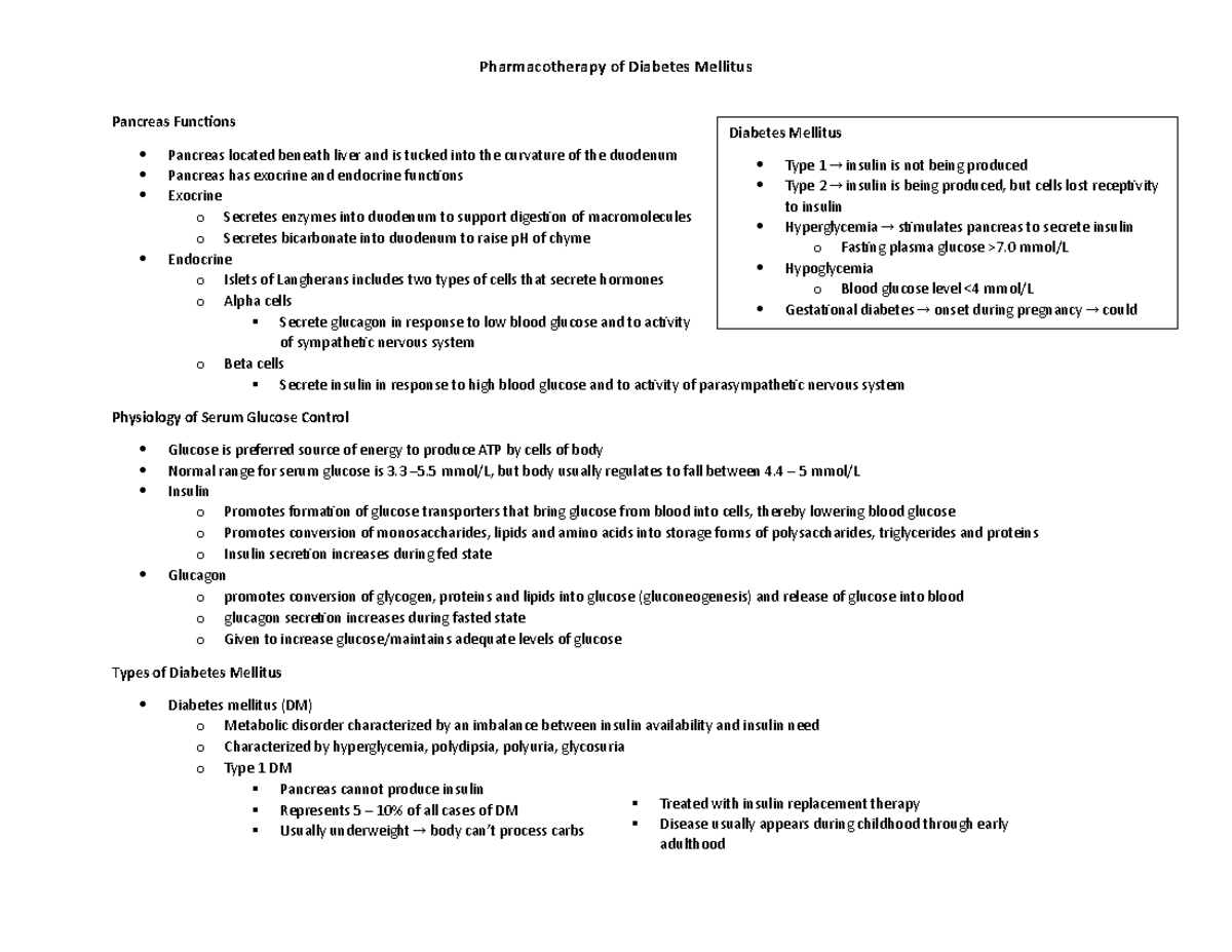 Pharmacotherapy of Diabetes Mellitus - Study sheet - Pharmacotherapy of ...