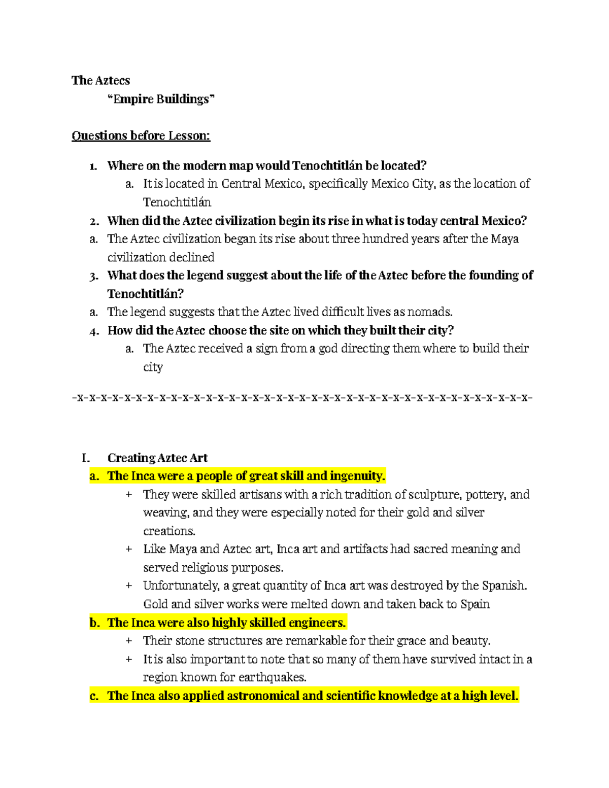 The Aztecs Notes - The Aztecs “Empire Buildings” Questions before ...