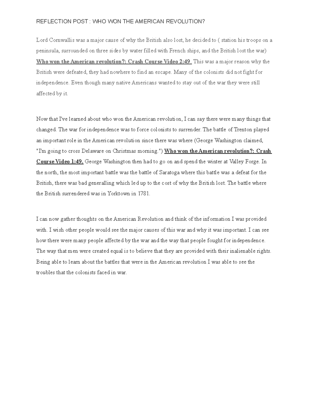Reflection post who won the american revolution - REFLECTION POST : WHO ...