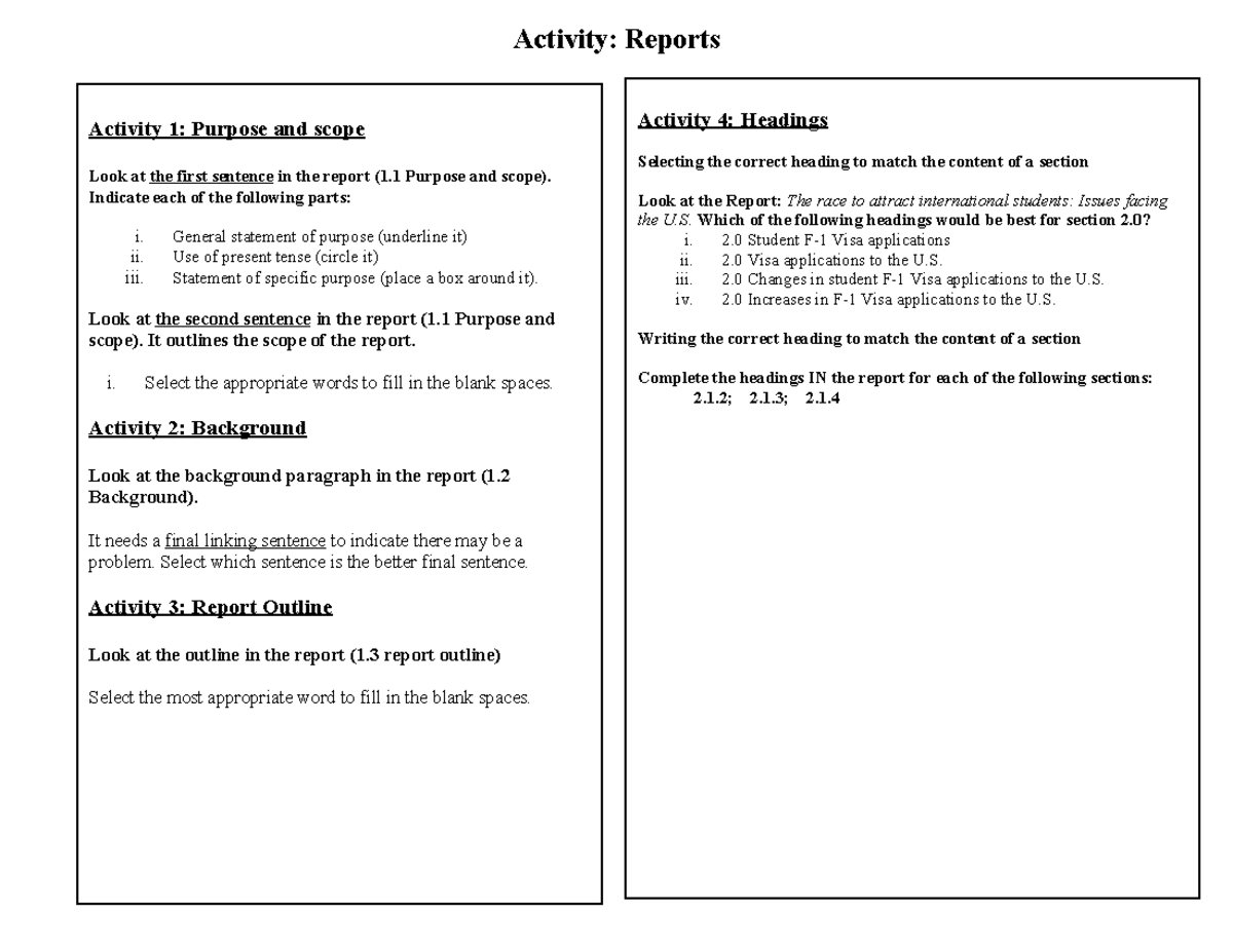 Report Writing Activity Handout 2ed - Activity 1: Purpose and scope ...