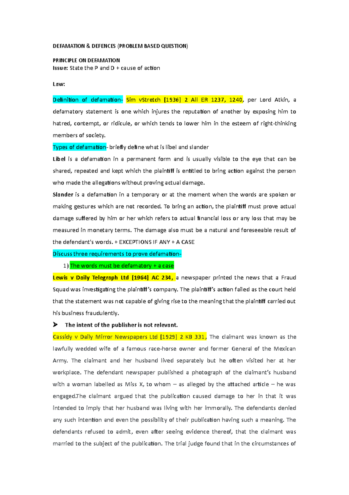 Defamation & Defences - DEFAMATION & DEFENCES (PROBLEM BASED QUESTION ...