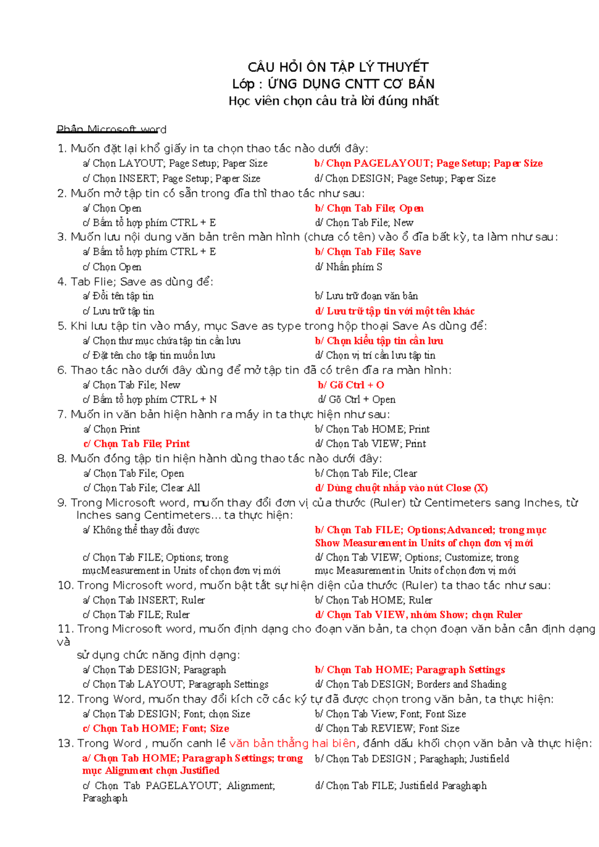Dap An Cau hoi on tap Module 3-4-Final - CÂU HỎI ÔN TẬP LÝ THUYẾT Lớp : ỨNG DỤNG CNTT CƠ BẢN Học ...