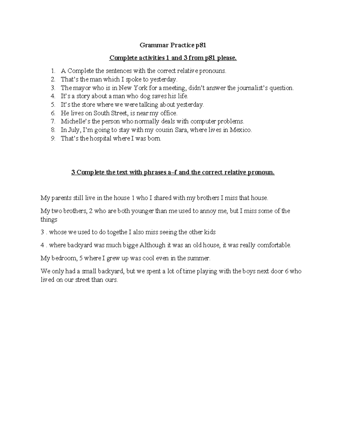 Grammar Practice p81 - Tareas de Ingles - Grammar Practice p Complete ...