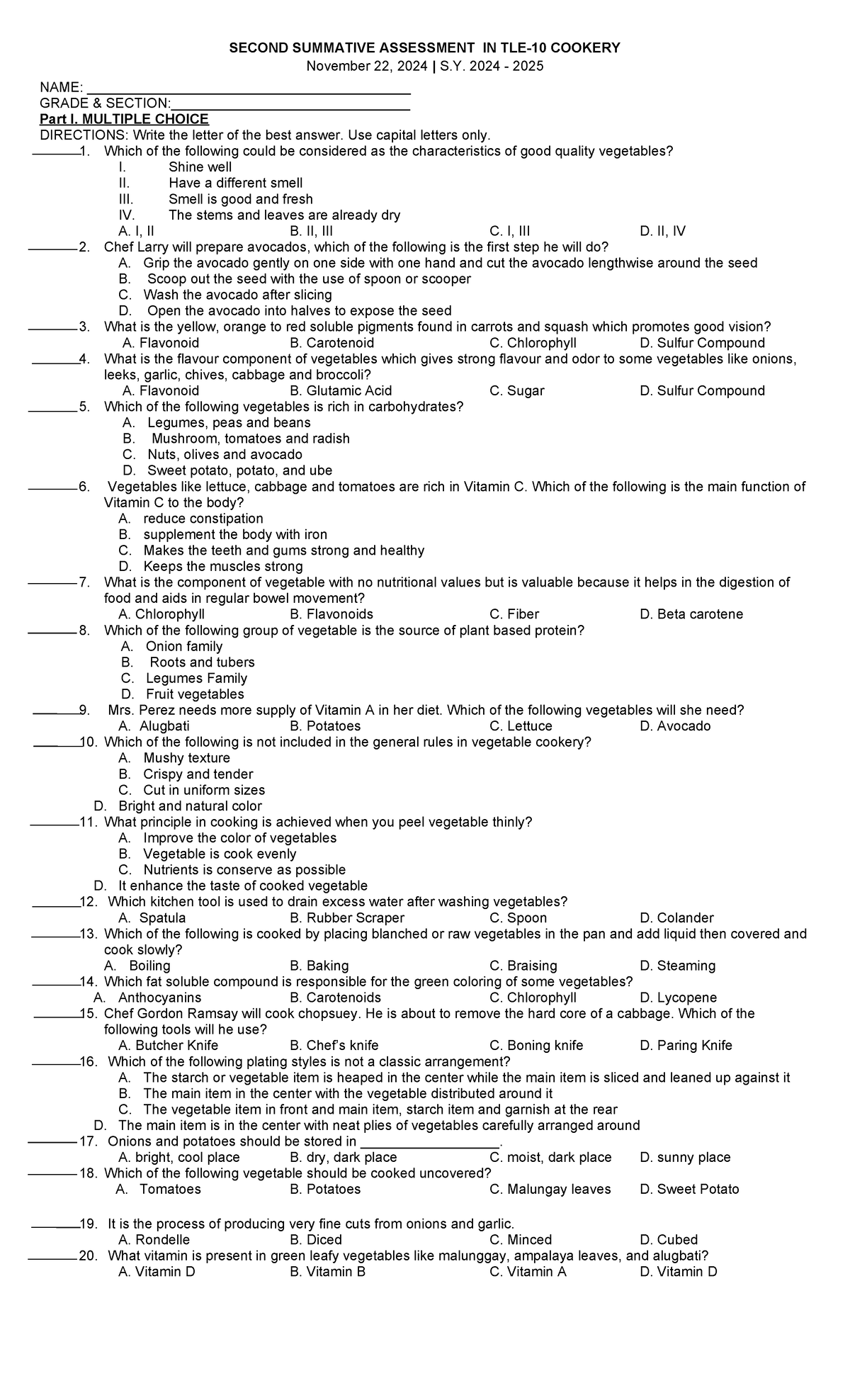 Summative Test Cookery 10 - SECOND SUMMATIVE ASSESSMENT IN TLE-10 ...