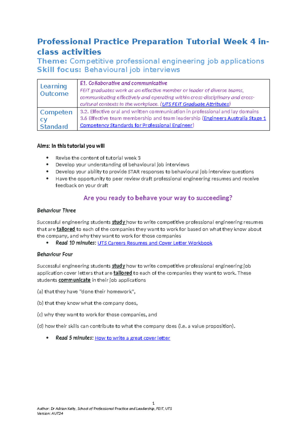 PPP1 Tut 4 - Tutorial 4 - Professional Practice Preparation Tutorial Week 4 in- class activities ...