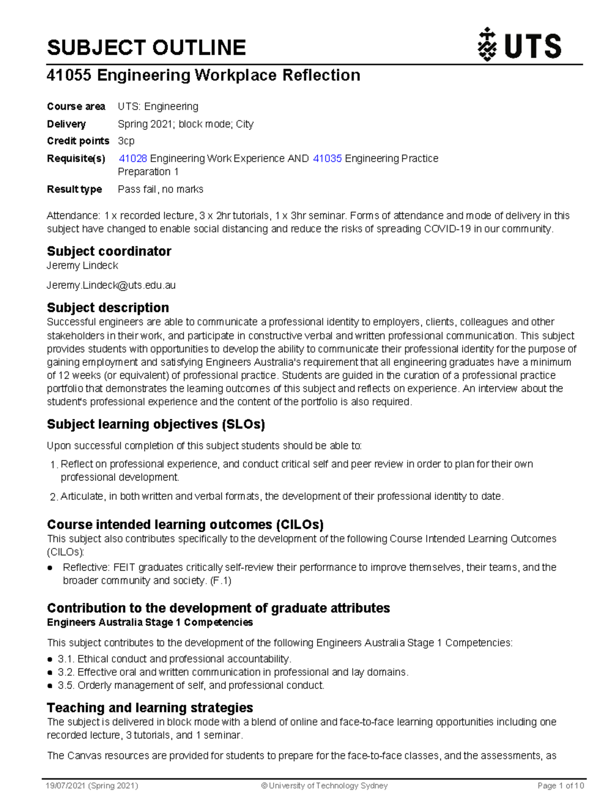 Engineering Workplace Reflection outline - 41046 - Studocu