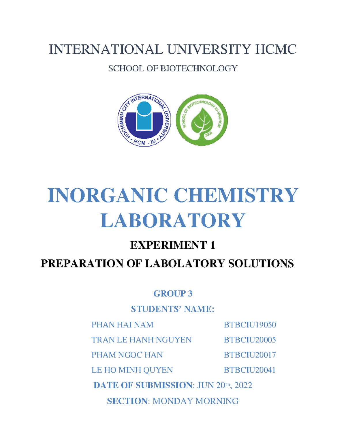 Group-3-RP1 - Inorganic lab report - INTERNATIONAL UNIVERSITY HCMC ...