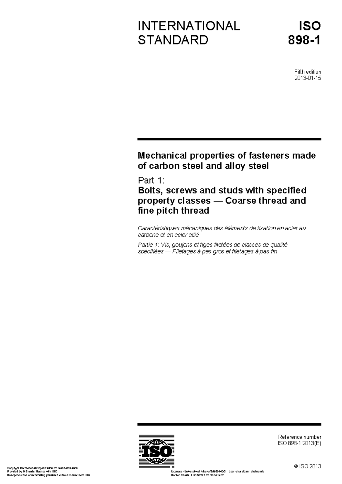 ISO-898-1 - specification bolting - Reference number ISO 898-1:2013(E ...