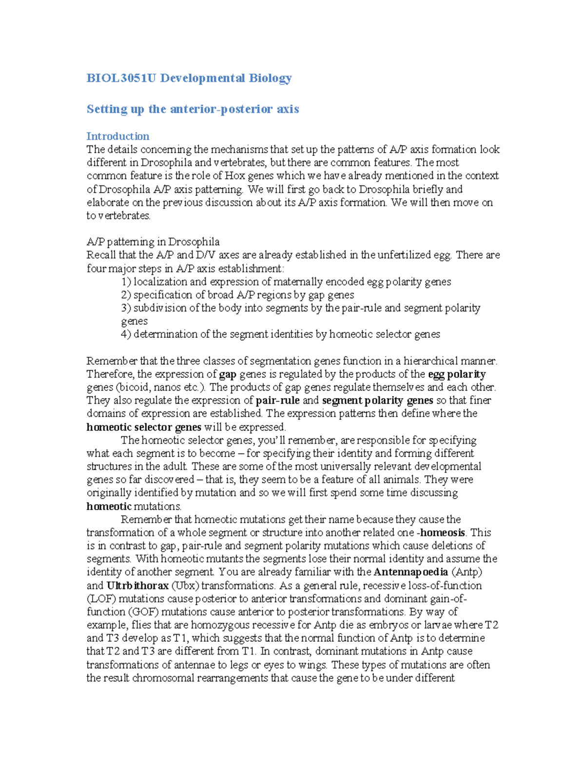 Setting up the anterior-posterior axis - BIOL3051U Developmental ...
