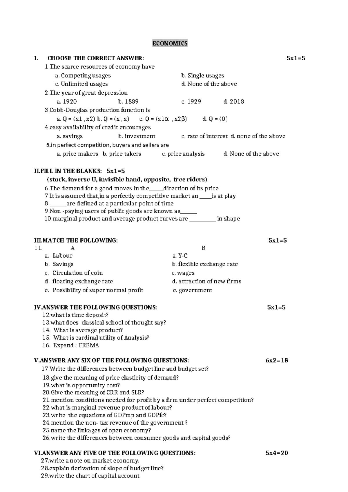 Preparatory question paper 1 - ECONOMICS I. CHOOSE THE CORRECT ANSWER ...